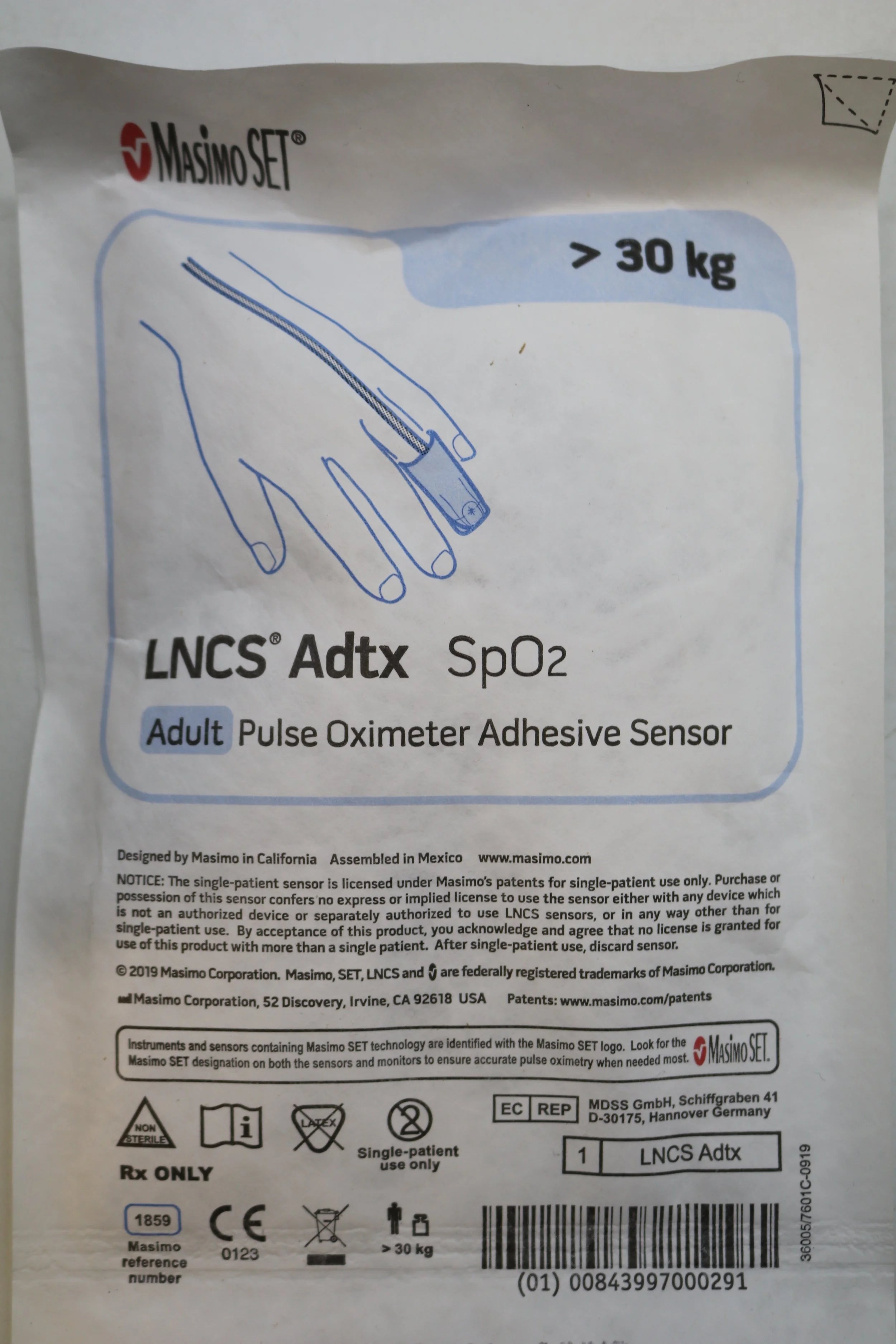 Masimo | 1859 | LNCS Adtx Sp02 Adult Pulse Oximeter Adhesive Sensor ...